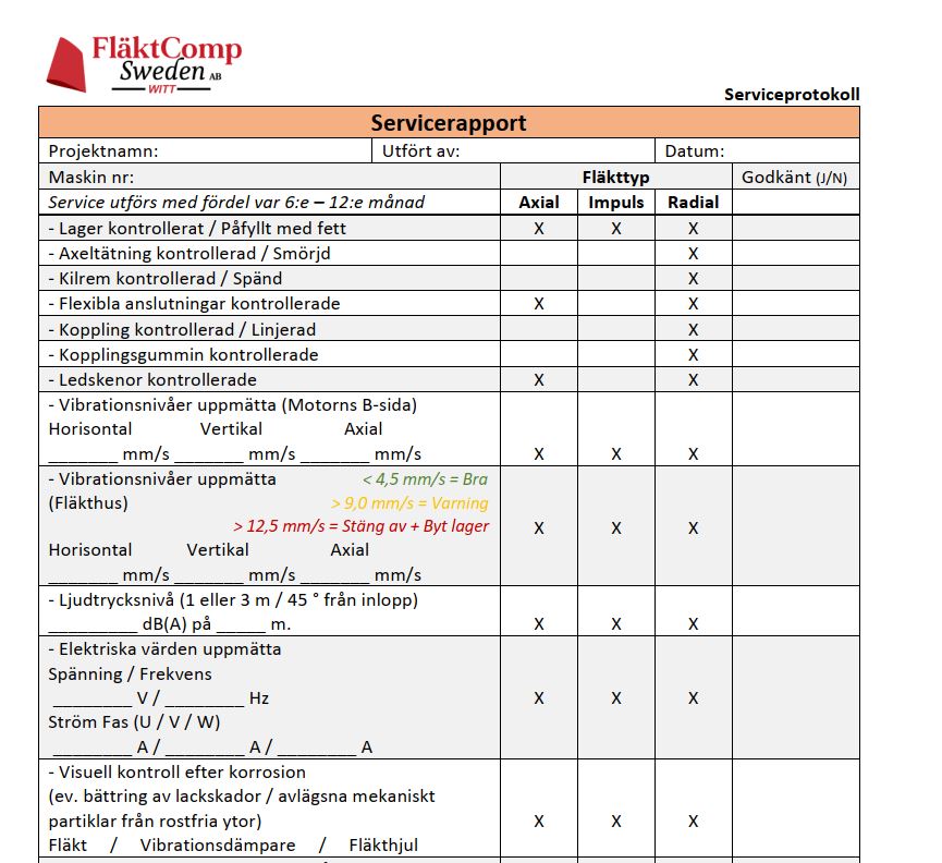 Servicerapport för fläktar - FläktComp